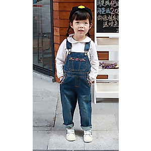 KIDSCOOL SPACE Baby & Little Girls Denim Overalls,Jean Workwear,Deep Blue,3-4 Years