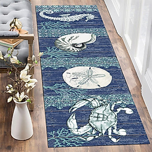 GUBIYU Rustic Coastal Runner Rug Ocean Beach Mat Area Rug Navy Blue Non-Slip Doormat Carpet Printing Rug for Living Room, Bedroom, Kitchen, Bathroom Kitchen Rugs Washable 23.6"x59"