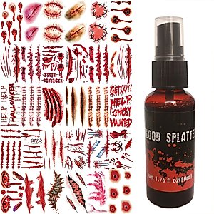 3D Fake Scars Halloween Makeup Kit,30 Sheets Scar Sticker 150PCS+Fake Blood Spray 1.76oz