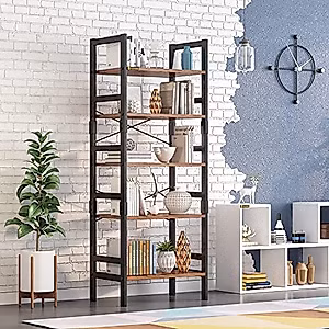 MIN WIN 5 Tier Bookshelf Bookcase, 68.9” Tall Industrial Wooden Bookcase Shelf Storage Organizer, Modern Book Shelf Display Rack with Metal Frame for Home Office, Balcony, Vintage