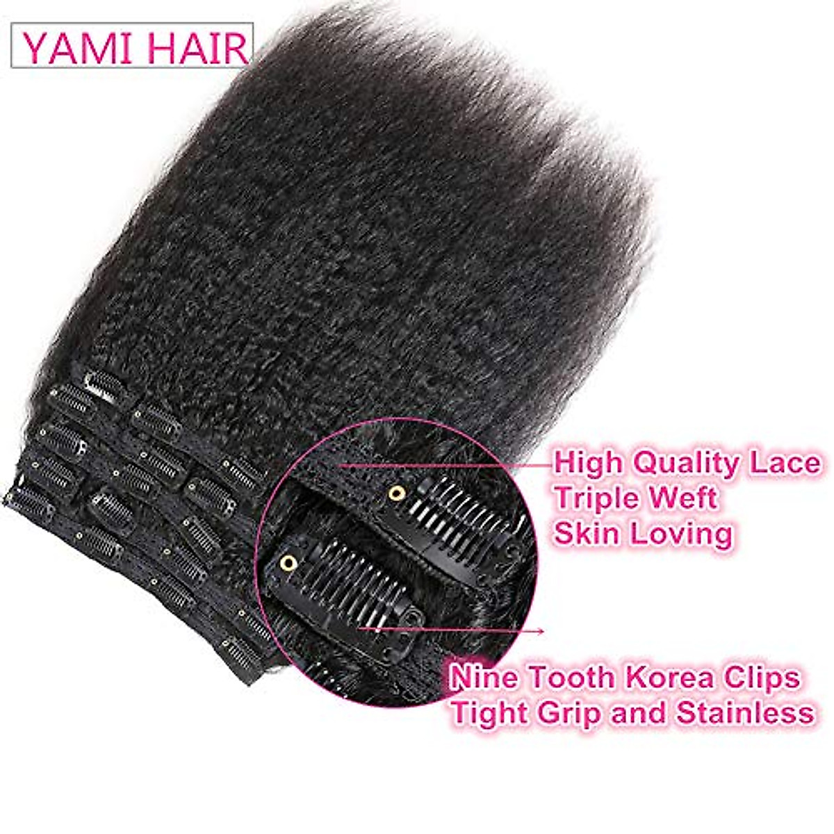 YAMI Kinky Straight Clip In Hair Extensions for Black Women Human Hair Clip in Extensions 10Pcs Brazilian Virgin hair Extensions Clip in Human Hair with Triple Weft 120g （10inch）