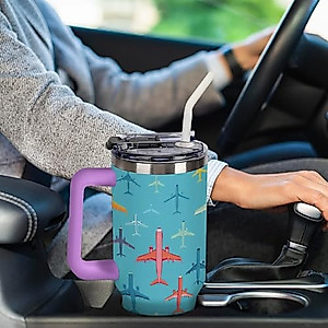 Colorful Airplanes Insulated Tumbler with Lid And Straw Stainless Steel Travel Coffee Mug 40oz Violet-style