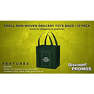 DISCOUNT PROMOS Custom Reusable Grocery Tote Bag for Shopping - 10 Pack - Personalized Logo, Text -Small Foldable Bags – Forest Green - 12.625"X13"X8.75"
