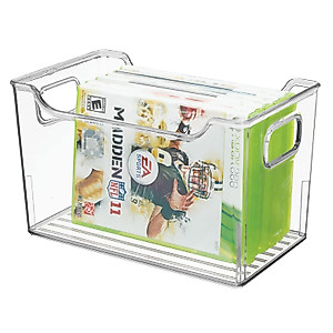 mDesign Deep Plastic Storage Organizer Storage Bin, Game and Comic Organization for Cabinet, Playroom, Shelves, or Closet - Holds Video Games, Tablets, DVDs, or Controllers, Ligne Collection - Clear