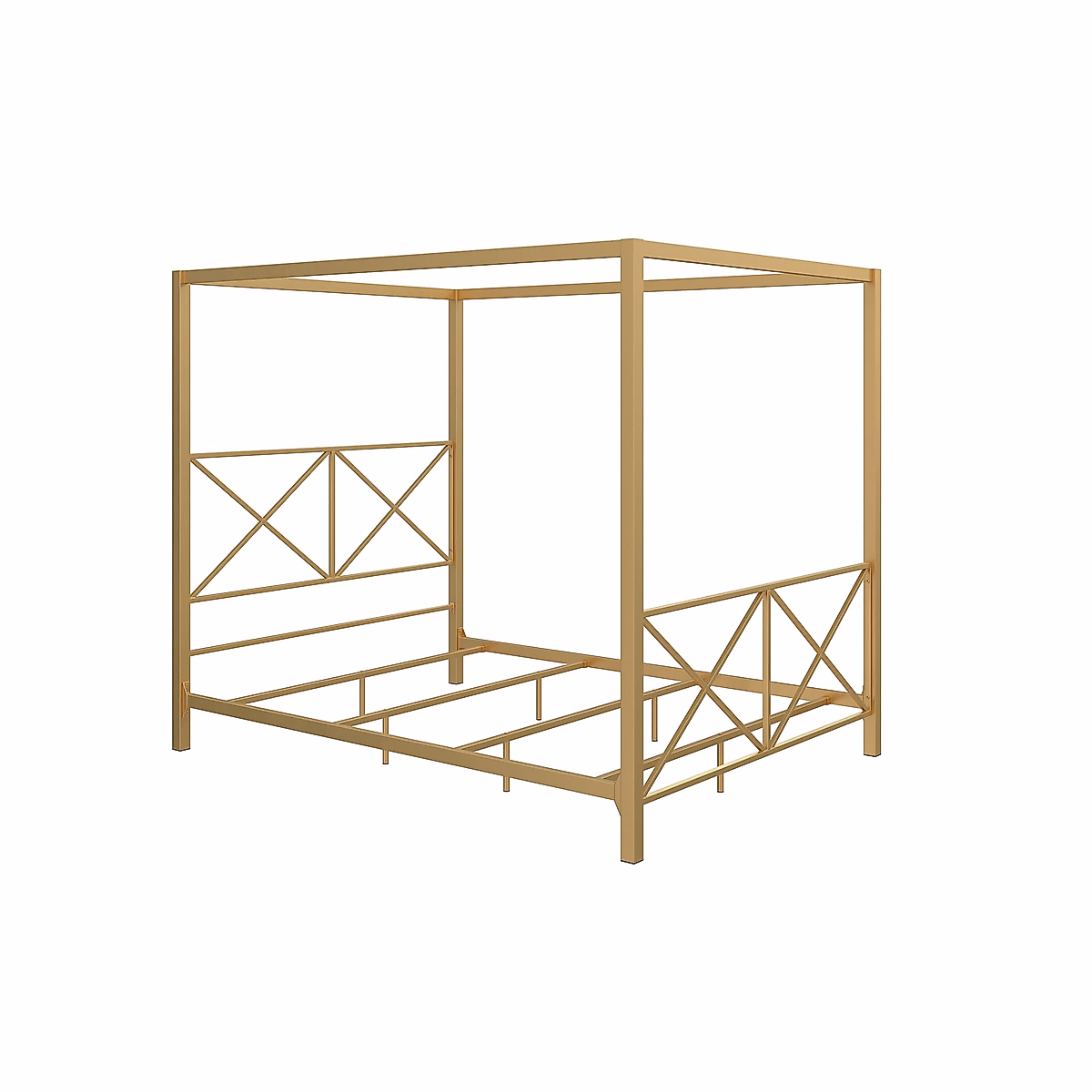 DHP Rosedale Metal Canopy Bed Frame with Four Poster Design and Geometric Accented Headboard and Footboard, Underbed Storage Space, Queen, Gold