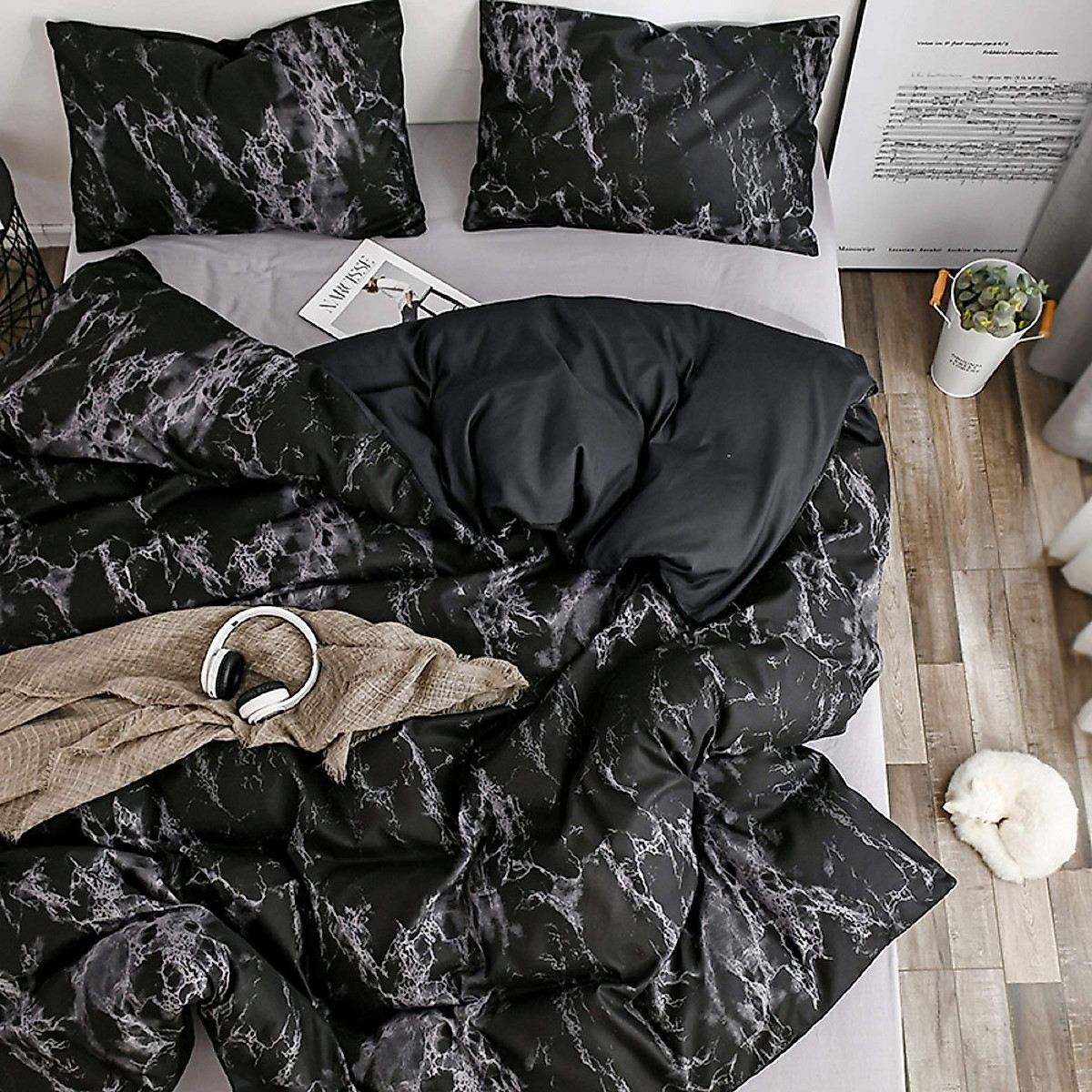Spring Meow 2024 Upgraded Black Twin Duvet Cover, 100% Washed Duvet Cover Set, Marble Bedding, 3 Pieces with Zipper Closure, 1 Duvet Cover 68x90 inches and 2 Pillow Shams