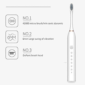 Electric Toothbrush, Rechargeable Sonic Toothbrush for Adult and Kids with 4 Dupont Brush Heads, 6 Modes, Smart Timer, 42,000 VPM Motor, Power Whitening Auto Toothbrush, IPX7 Waterproof, White