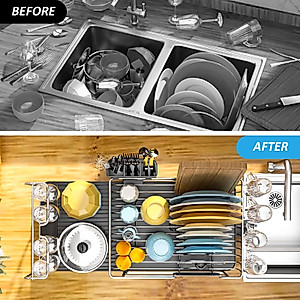 KINGRACK Expandable Dish Drying Rack,Aluminium Foldable Dish Racks for Kitchen Counter,Adjustable Dish Drying Rack with Drainboard Set Swivel Spout,Removable Utensil Holder,Cups Holder,Black