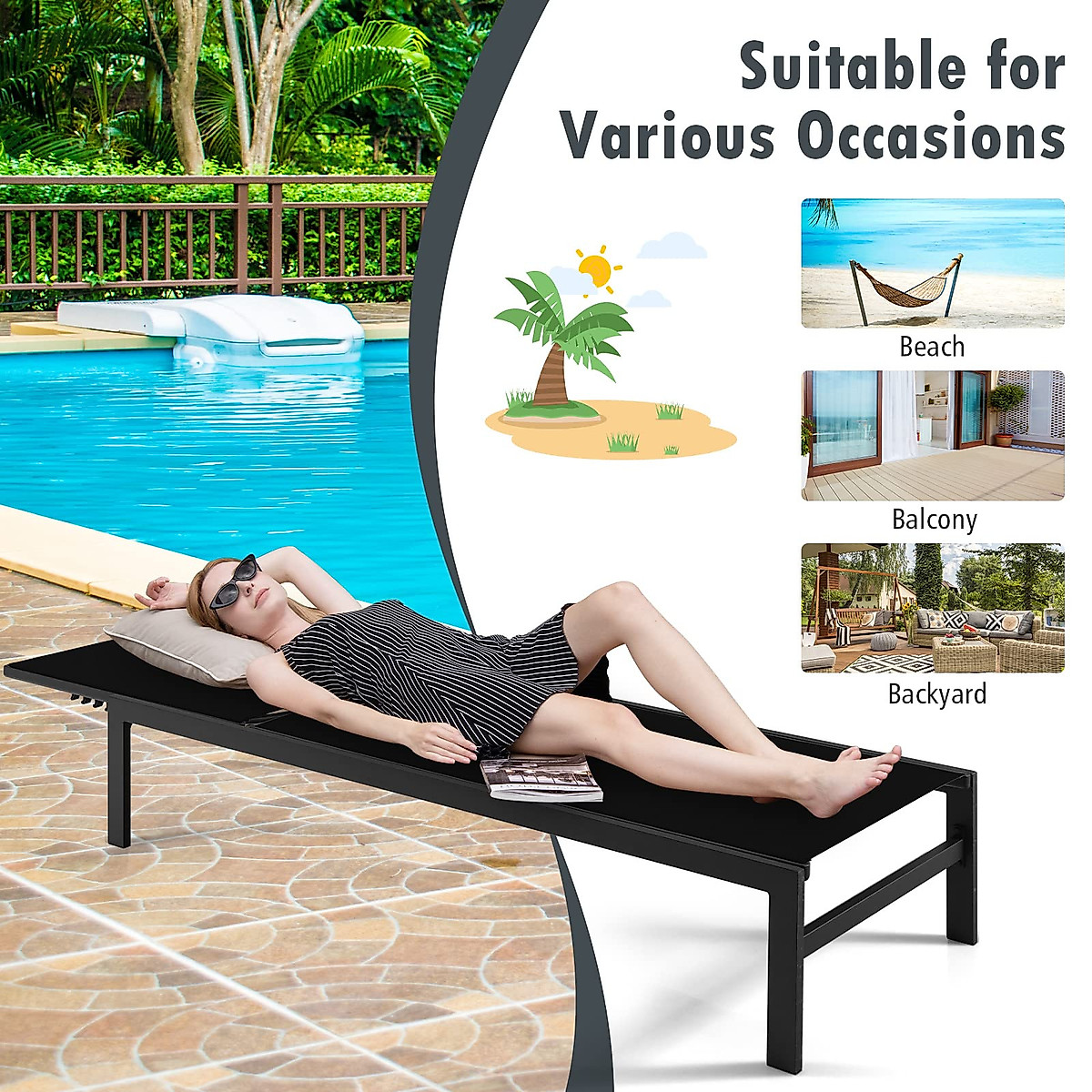 Giantex Set of 2 Patio Chaise Lounge Chair, Outdoor Sunbathing Chair Lawn Reclining Lounger with 6 Adjustable Position, Aluminium Frame, Tanning Chairs for Deck,Yard, Pool Lounge Chairs (2, Black)