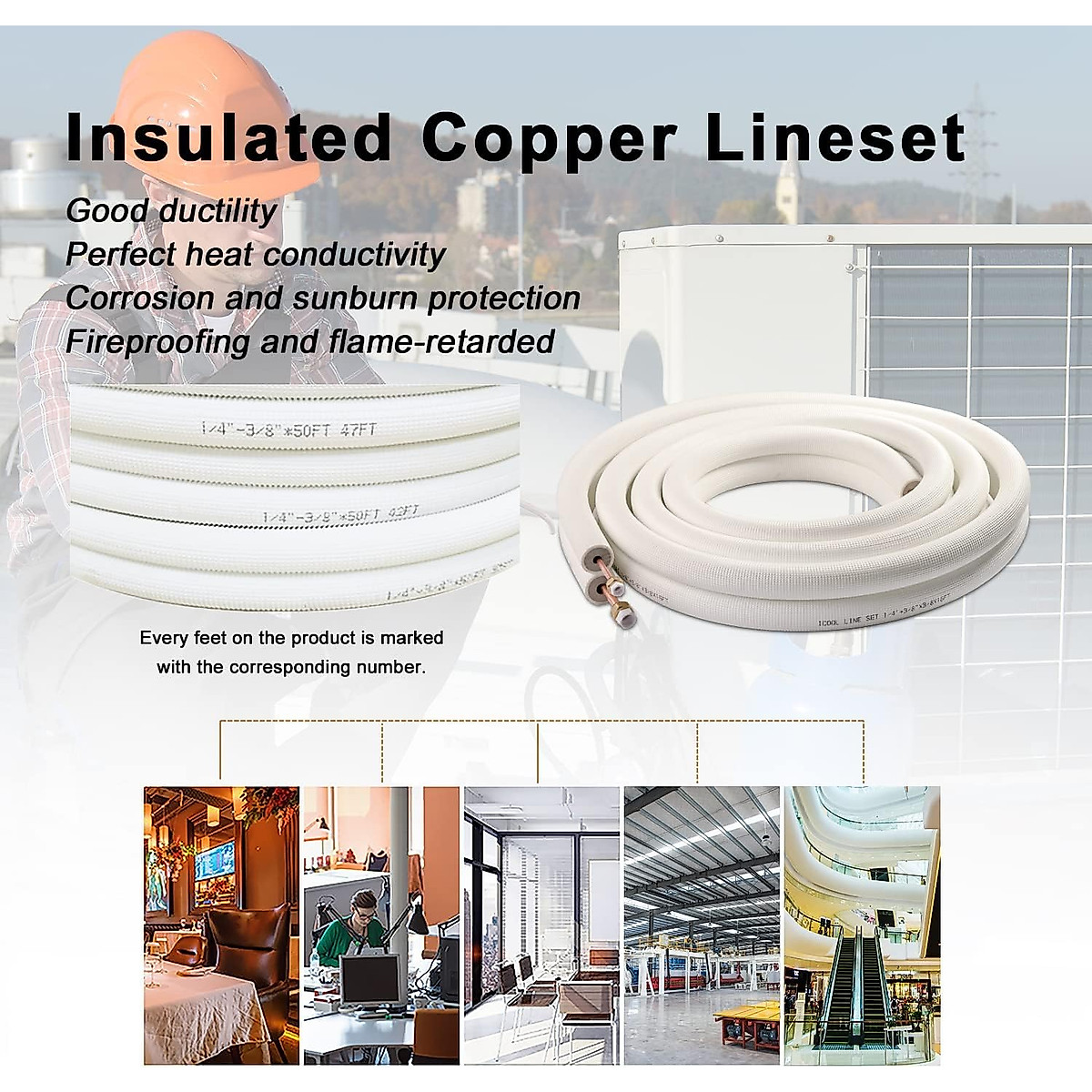 Wostore 25 Ft. Line Set 1/4&3/8 Inch 3/8" PE for Mini Split Air Conditioner Copper Pipes Insulated Coil HVAC with Fittings
