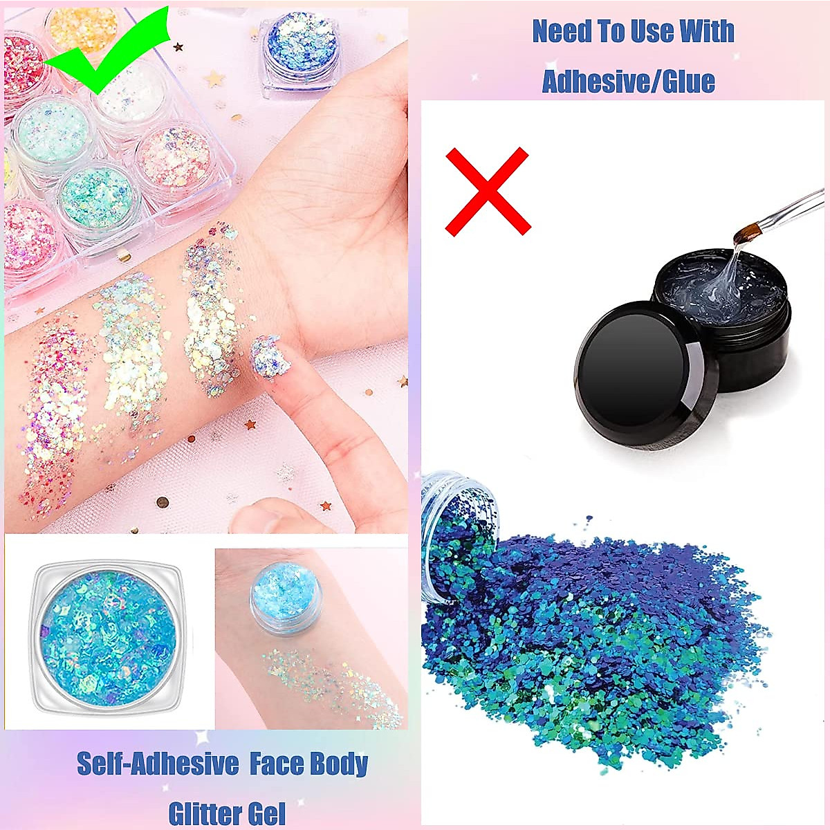 18 Colors Glow in The Dark Face Body Glitter Gel, Luminous Iridescent Glitter for Eye Lip Nail Hair, Self-Adhesive UV Holographic Face Glitter Gel Halloween Christmas Party Makeup (18 Colors)