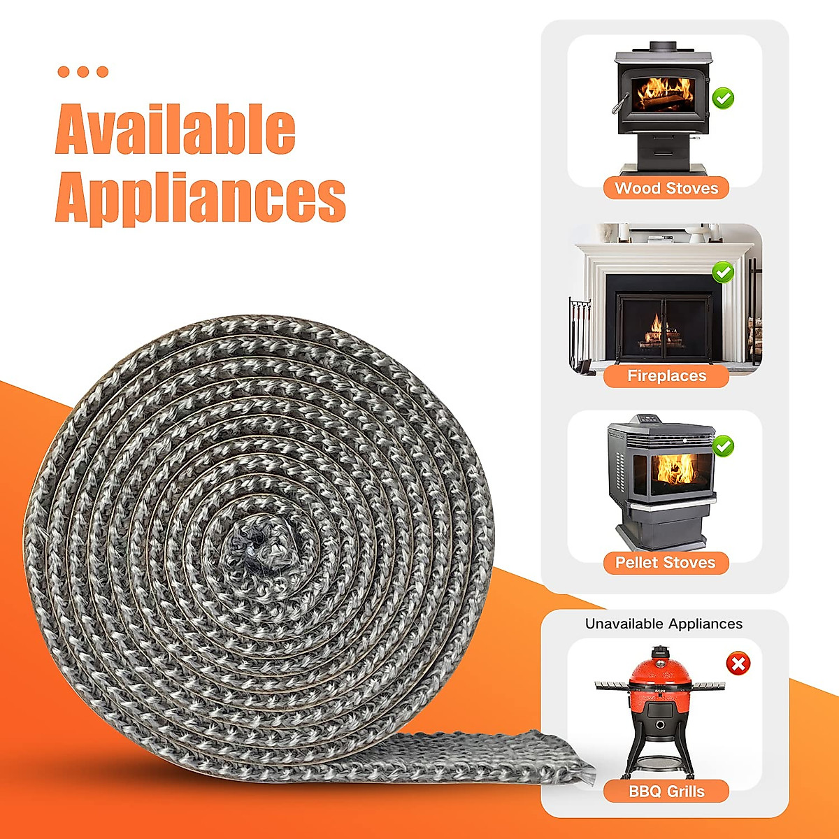 Stove Gasket Tape, Self Adhesive Flat Gasket for Stoves and Fireplaces, 1" Width 72" Length, High Temperature Fiberglass Flat Gasket Tape