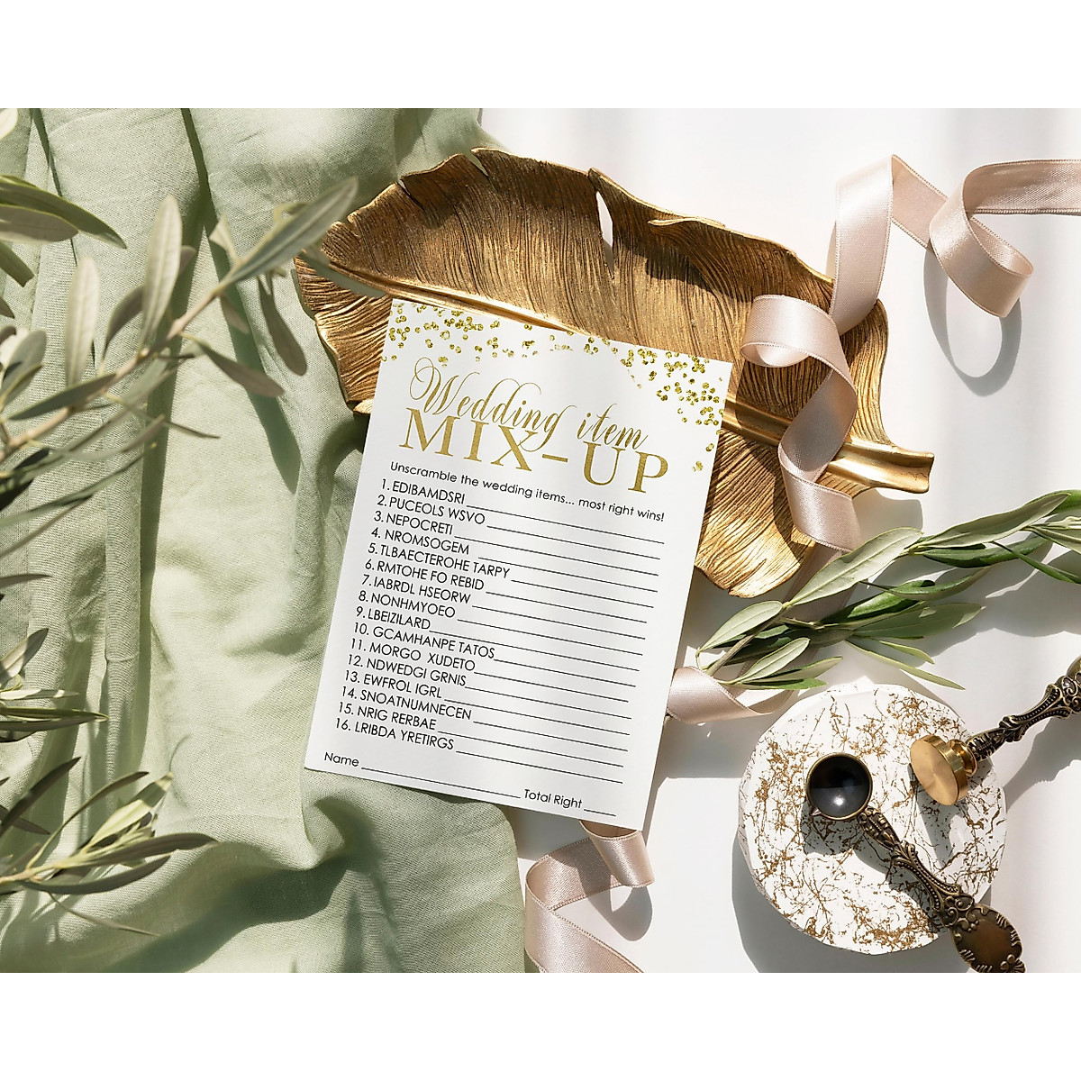 Black and Gold Bridal Shower Word Scramble Game Unscramble Wedding Phrases, Modern Confetti, 4x6 Cards, 25 Guest Pack