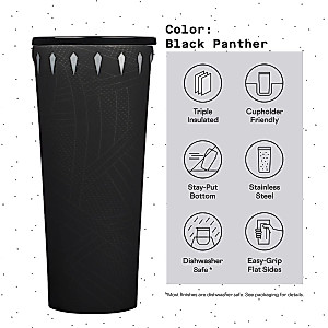 Corkcicle Marvel 24 Ounce Triple Insulated Stainless Steel Travel Cup Tumbler with Lid and Silicone Bottom for Hot and Cold Drinks, Black Panther