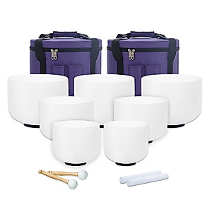 KVKA 7-12 inch 432hz Crystal Singing Bowls Set of 7 pcs for Yoga Sound Healing with 2pcs Travel Carrying Case,Rubber Mallets,(7-12inch, 432hz)