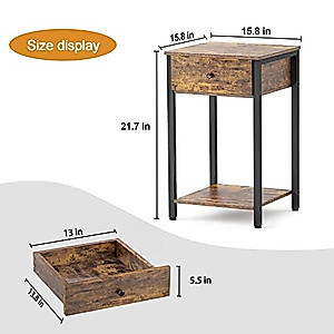 Ecoprsio Nightstand Set of 2 Industrial End Table Side Table with Drawer and Storage Shelf Wood Night Stand Rustic Bedside Table for Bedroom, Living Room, Sofa Couch, Hall, Easy Assembly