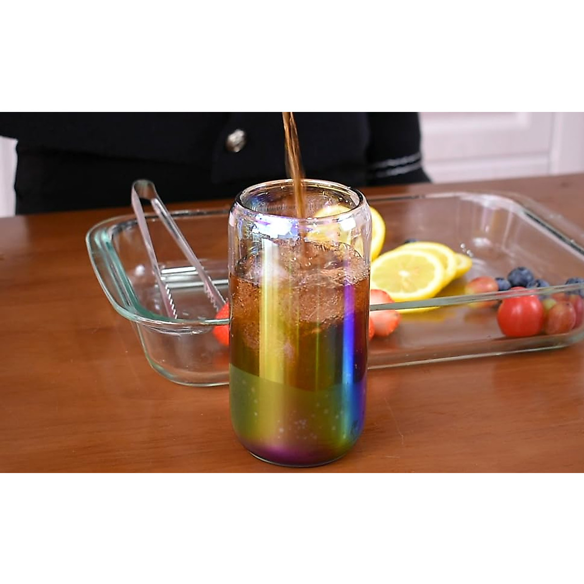 RoweLLsouL Glasses with Bamboo Lids and Clear Straws, 4 Pack 16oz Beer Glasses,Cute Tumbler Cup Iced Coffee Mug, Iced Coke Mug, Soda, Milk Tea，Gift - 4 Cleaning Brushes and 4 coasters