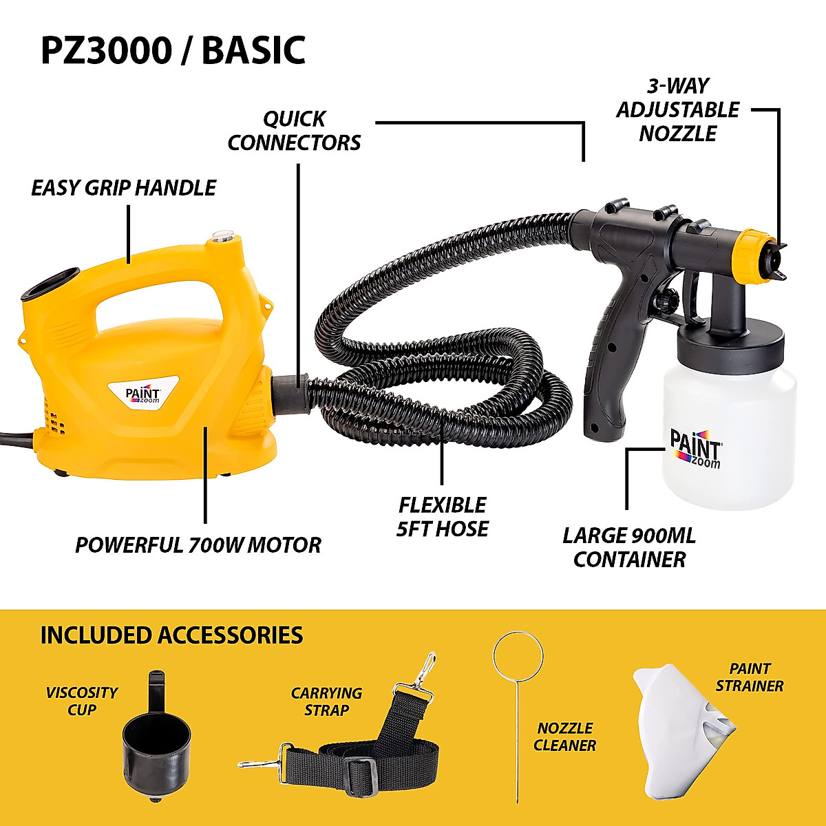 Paint Zoom Paint Sprayer | Powerful & Durable 700-watt Spray Gun Tool HVLP Sprayer for Interior & Exterior Home Painting and DIY Home Improvement Projects | 3 Spray Patterns Yellow