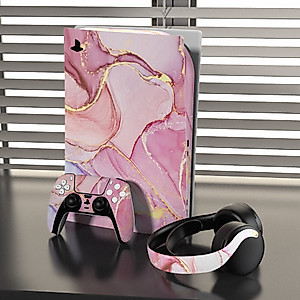 PlayVital Cosmic Pink Gold Marble Effect Full Set Skin Decal for ps5 Console Disc Edition, Sticker Cover for ps5 Controller & Charging Station & Headset & Media Remote