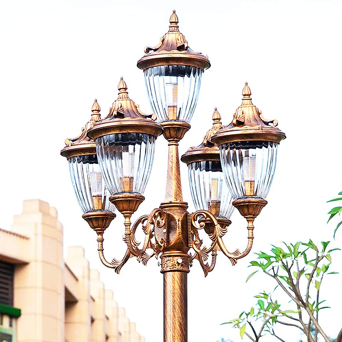 Retro Aluminum Pole Light 5 LED Post Light Outdoor Die-cast Light High Pole Courtyard Lamp European Garden Villa Community Street Lamp Lighting Waterproof Landscape Lamp