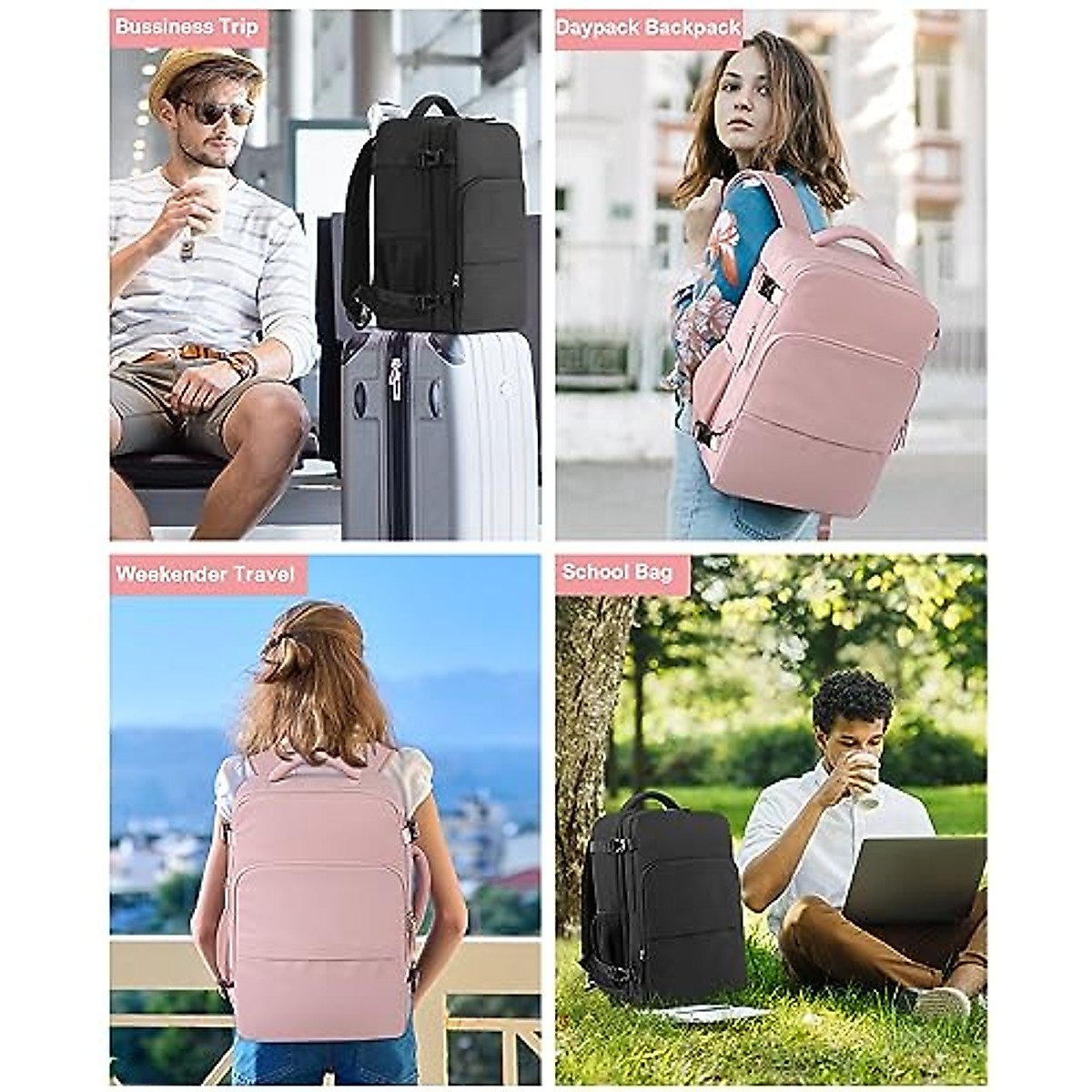 Beraliy Travel Backpack, Airline Approved Personal Item Bag, Carry On Backpack for Women,Lightweight Weekender Bag, Laptop Backpack Hiking Business Casual Daypack, Pink