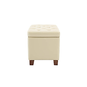 Wovenbyrd Classic 24-Inch Wide Rectangular Tufted Storage Ottoman Footstool with Hinged Lid, Cream Faux Leather