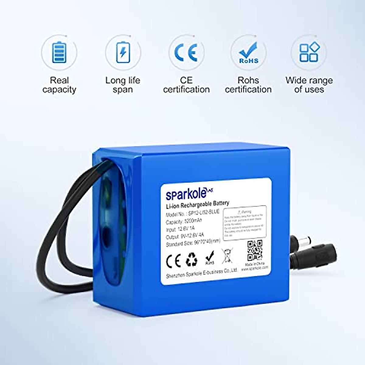 SPARKOLE 12V Battery Pack Rechargeable 5200mAh Lithium Ion Battery for LED Strip/CCTV Camera/Electronic Organ/Optical Network Unit/Router,Portable 12 Volt Battery DC5521 Interface (Blue)