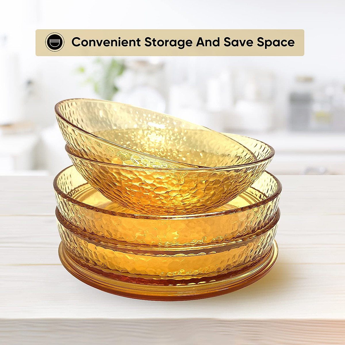 Dizaolive Plates & Bowls Kitchen Dinnerware Sets: 5 Piece Sphere Party Dish Set Microwave Dishwasher Safe Salad Dinner Amber Clear Hammered Glass Decorative Tableware for Soup Pasta Dessert Fruit Cake