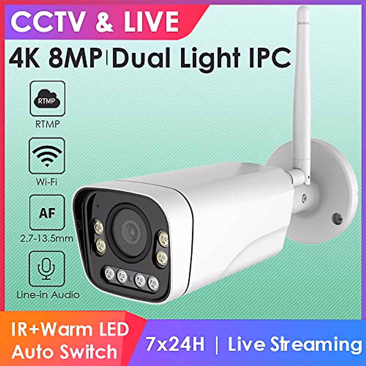EXVIST 4K(8MP) Varifocal Wireless Bullet Outdoor Security Camera, Dual Light, 2.7mm~13.5mm Motorized Lens, IP66, Human Detection, RTMP to YouTube/Facebook etc.