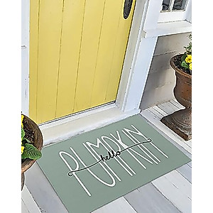 Hello Pumpkin Door Mat 24x36inch, Non-Slip Absorbent Non Skid Entrance Mat, Washable Low-Profile Inside Outside Floor Mat Doormats for Entryway Patio, Fall Thanksgiving Green Background