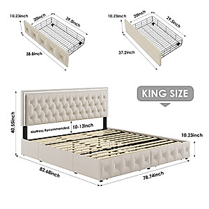 Keyluv King Upholstered LED Bed Frame with 4 Drawers, Velvet Platform Storage Bed with Adjustable Button Tufted Headboard and Solid Wooden Slats Support, No Box Spring Needed, Beige
