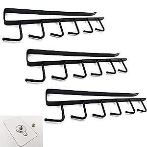 3 Pcs Mug Hooks Under Shelf, Cup Holder Under Cabinet, Coffee Mugs Cups Storage Rack Holder Hanger, Adhesive Drilling Free 6 Hook Coffee Cup Mug Holder Hanger for Kitchen Cabinet Shelf