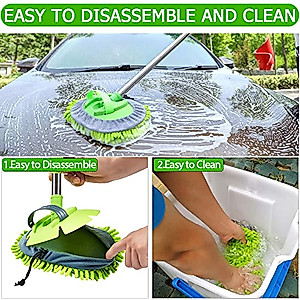 WillingHeart 47.5" Car Wash Brush Mop Cleaning Tool with Long Handle Kit for Washing Detailing Cars Truck, SUV, RV, Trailer, Boat 2 in 1 Chenille Microfiber Sponge Duster Not Hurt Paint Scratch Free