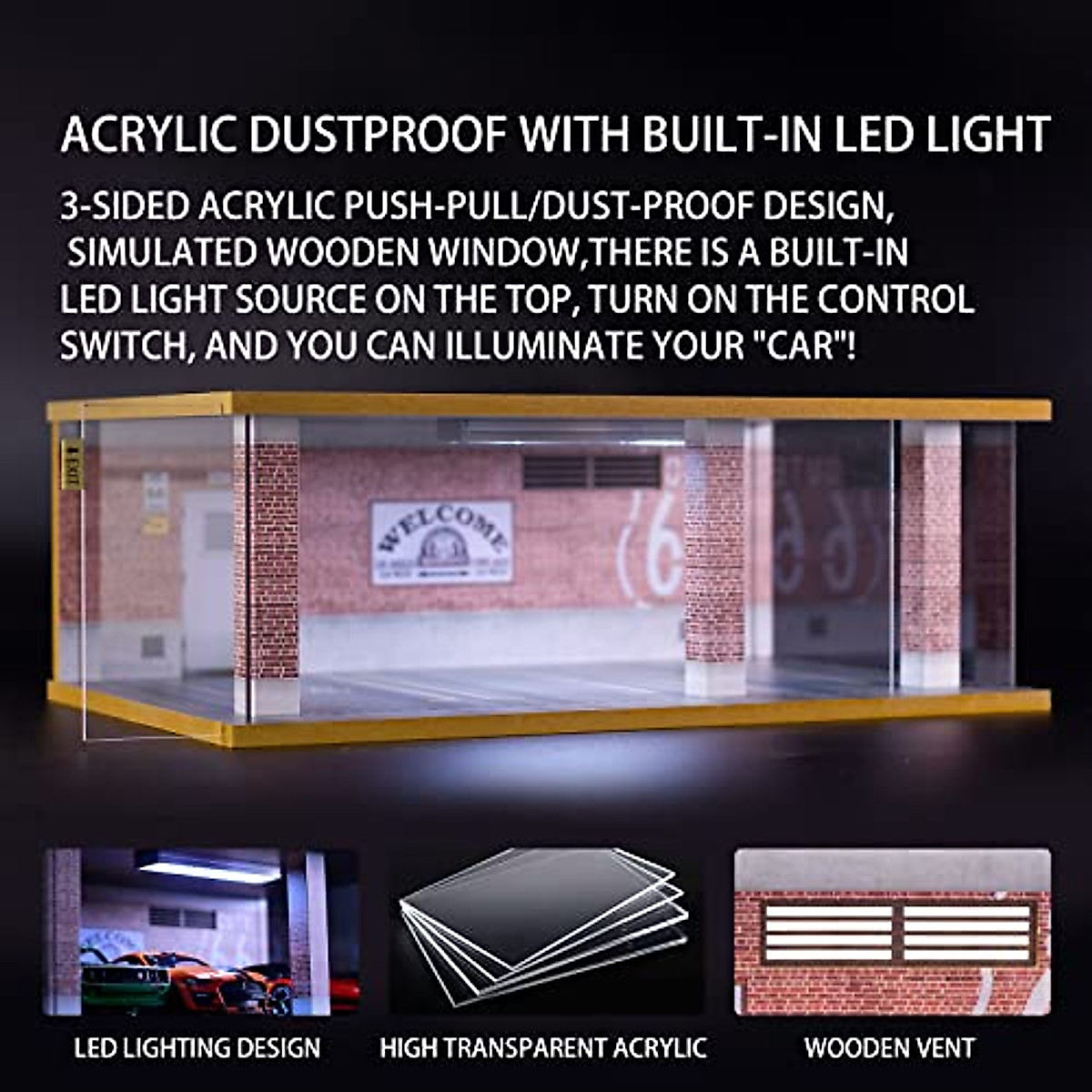 Sikivot 1/24 Scale Car Display Case,Car Model Toy with Parking Lot Scene, Die-cast Car Garage Display Case,2 Parking Space Acrylic Toy Garage with LED Light