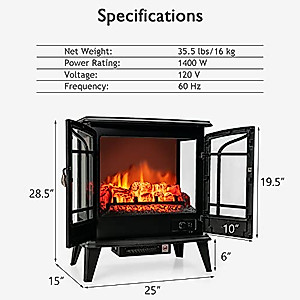 Tangkula 25 Inches Electric Fireplace Stove, 1400 W Freestanding Fireplace Heater, Indoor Electric Stove Heater W/Realistic Dancing Flame Effect, Adjustable Temperature, Overheat Protection
