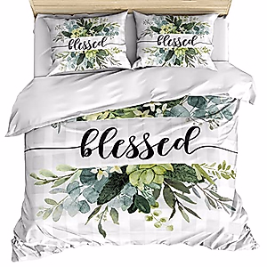Eucalyptus Leaves Duvet Cover Full Size, Green Plant Spring Bless Farm Grey Plaid Comforter Cover with Zipper Closure, 3 Piece Bedding Sets 1 Duvet Cover 86x86 Inches and 2 Pillow Shams