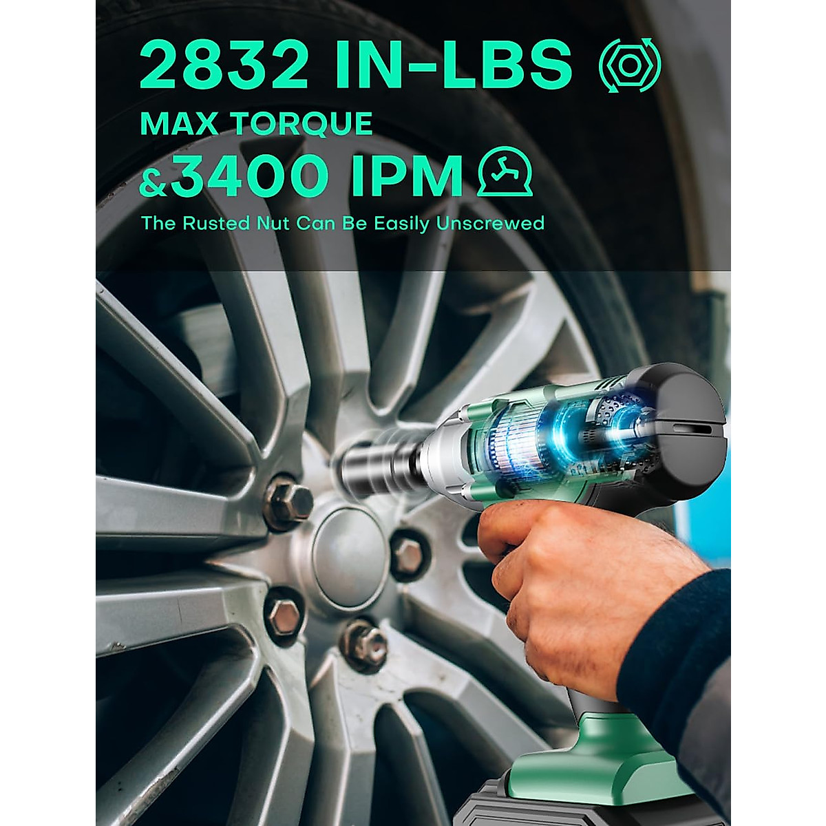 KIMO 20V Cordless Impact Wrench 1/2 inch, 2832In-Lbs & High Torque 3400 IPM, Impact Gun w/Battery ＆ Charger, 7 Pcs Impact Driver Sockets, Electric Impact Drill Set w/Variable Speed for Car Tires