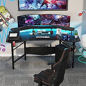 PAKASEPT Gaming Desk with Led Lights, 70.9” Large Wing-Shaped Desk, Carbon Fiber Surface Gaming Table with Monitor Stand, Headphone Hanger & Cup Holder & Dual Slots