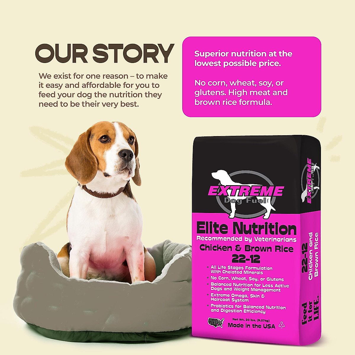 Extreme Dog Fuel Elite Nutrition Chicken & Brown Rice 22-12 for Dogs All Life Stages - Dog Probiotics for Digestive Health, Essential Pet Supplement for Overall Wellness - 20 LB
