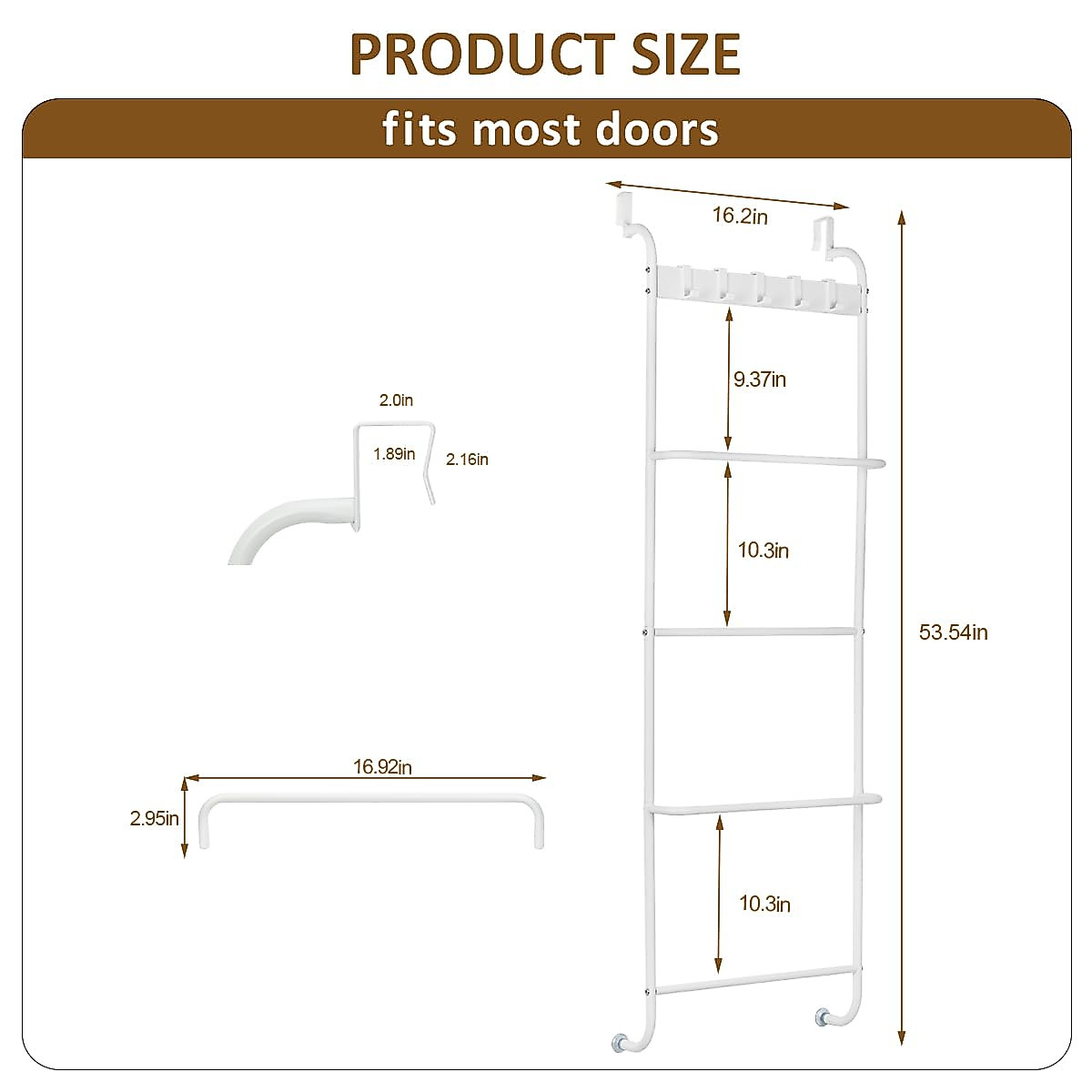 Over The Door Towel Rack, 5-Tier Towel Racks for Bathroom Door Hanging, Bathroom Back of Door Towel Bar, Door Blanket Holder for Clothes, Washcloths,Hand Towels, Loofahs and Sponges,white