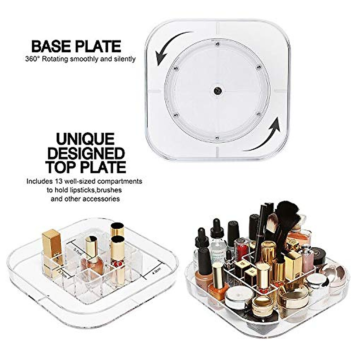 AMEITECH 360-Degree Makeup Organizer, DIY Adjustable Rotating Cosmetic Storage Carousel Spinning Holder Storage Rack with 5 Layers Large Capacity, Best for Countertop, Square