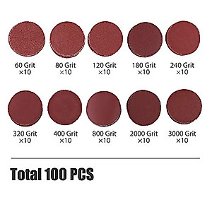 2 Inch Sanding Discs Kit, 100PCS 60-3000 Grit Sandpaper with 1/4" Shank Backing Plate and Soft Foam Buffering Pad, for Drill Grinder Rotary Tool, Hook and Loop Sand Paper Assortment Pack