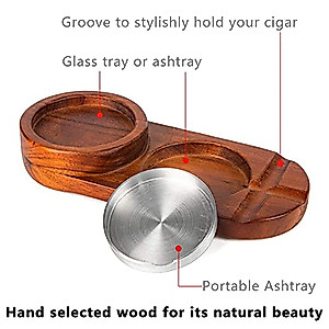 Cigar Ashtray Coaster Whiskey Glass Tray and Cigar Holder, Wooden Ash Tray, Slot to Hold Cigar, Cigar Rest, Cigar Accessories Set Gift for Men Dad, Great Decor for Home,Office or Bar