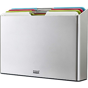 Joseph Joseph Folio Plastic Kitchen Cutting Board Set with Storage Case Color-Coded Easy-Access Design Dishwasher Safe Non-Slip, Large, Silver