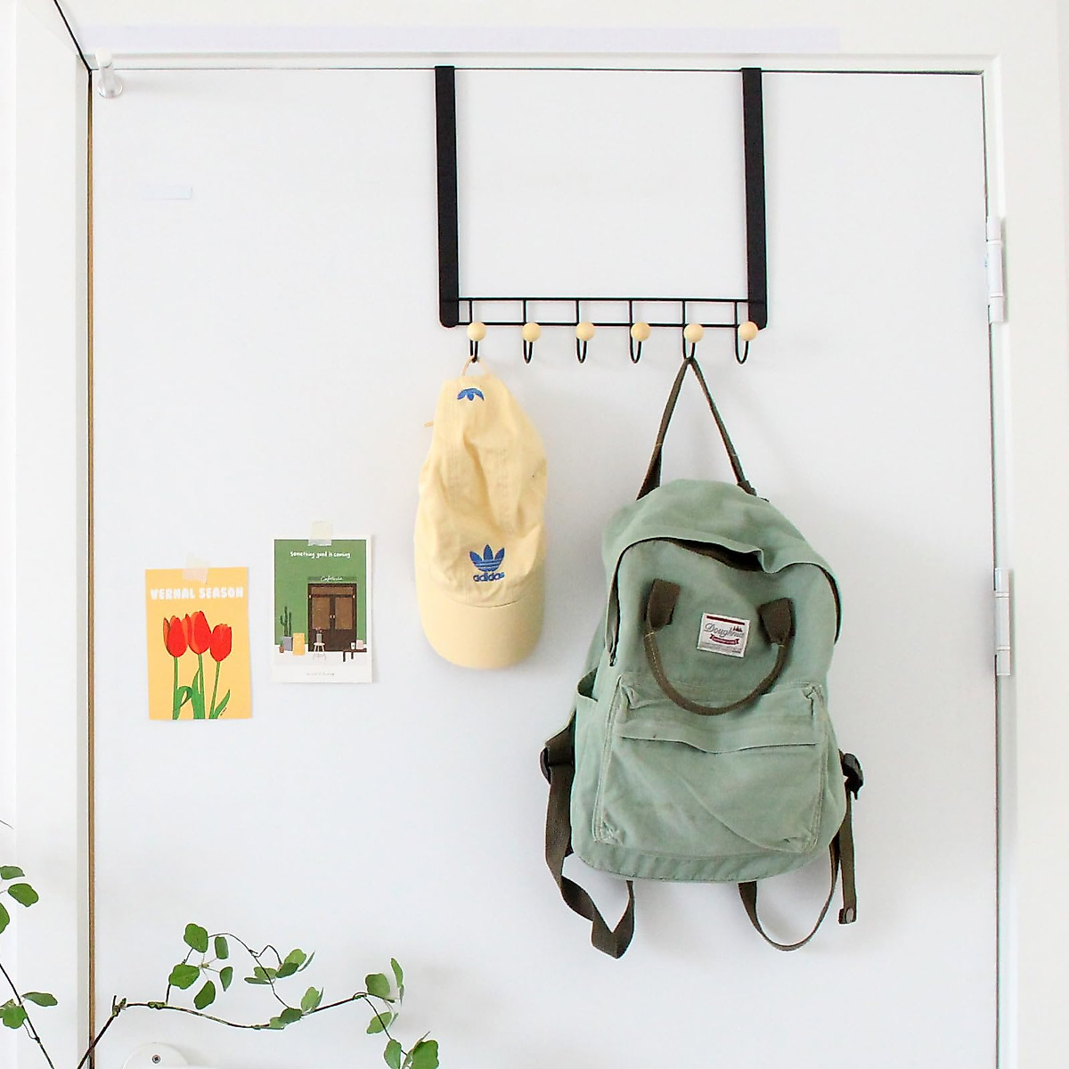 GOODSDECO Over The Door Hooks - 6 Hooks, Heavy Duty Over The Door Coat Towel Hat Scarf Rack Hanger, Wooden Door Hooks, Behind Back of Door (Black)