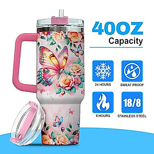 99OWL Mom Gifts, Tumbler 40 Oz With Handle Lid And Straw, Lady Mom Colorful Butterfly Floral, Coffee Tumblers Mommy Red Day Handle Primrose To Funny Flower Parade Eleven Cups