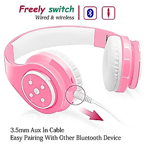 Kids Wireless Bluetooth headphones Volume Limited 85db Stereo Sound Over-Ear Foldable Lightweight Children headphones with Mic SD Card Slot up to 6-8 hours play time for Boys Girls Adults (Pink)