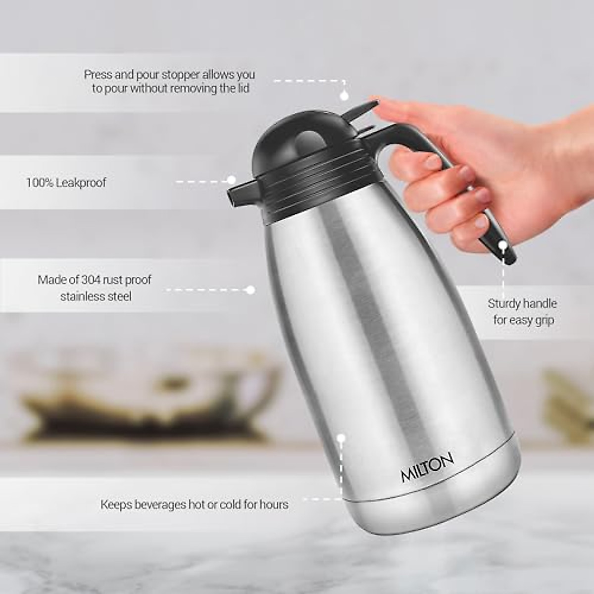 Milton Thermosteel Classic, 2000 ml | 68 oz | 2.1 qt. Stainless Steel Thermal Coffee Carafe, Hot and Cold for Long Hours, Vacuum Thermal Pot Flask for Tea a and Beverages, Rust and Leak-proof | Silver