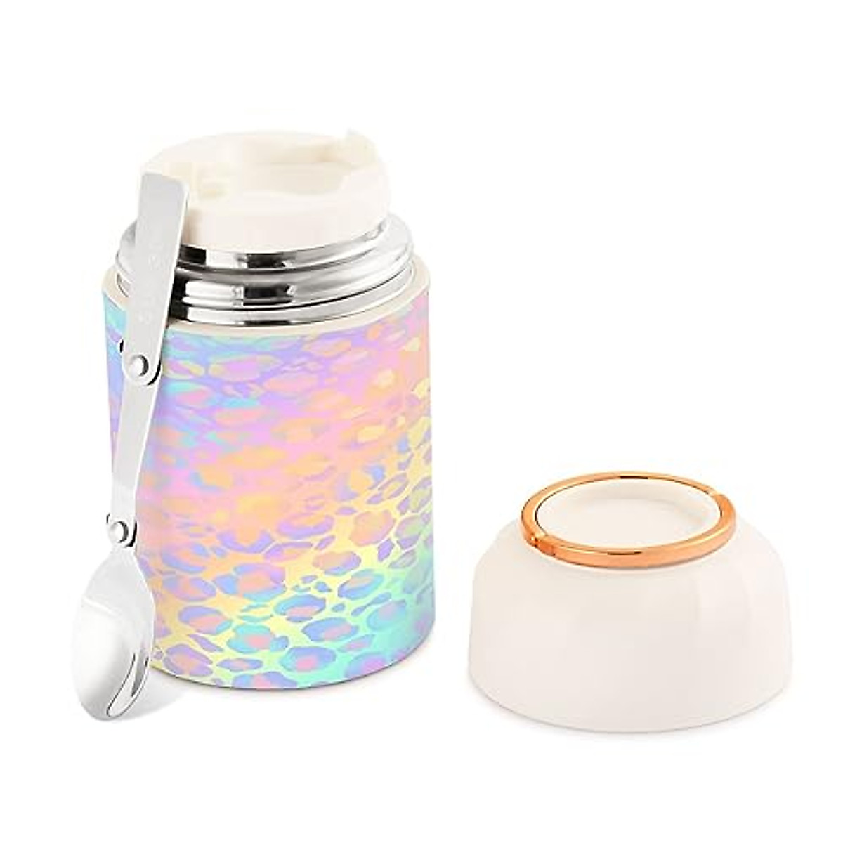 CUPADA Leopard Print Animals Food Jar for Hot and Cold, Bling Colorful Insulated Food Jars Vacuum 17OZ with Folding Spoon for Work Trip Picnic Camping