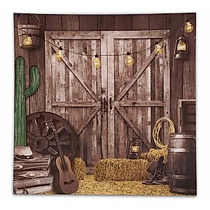 Funnytree 6 x 6 FT Western Cowboy Backdrop Western Party Supplies Decorations Wild West Decor Rustic Wooden House Barn Photography Background for Kids Boy Children Boy Baby Birthday Banner Photo Booth